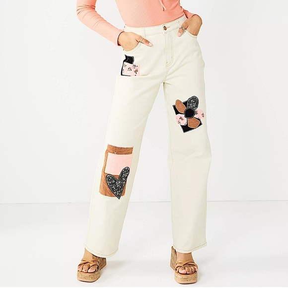 Jeans | Cottagecore Indie Sleaze Wideleg Bohemian Patchwork Light Denim ...